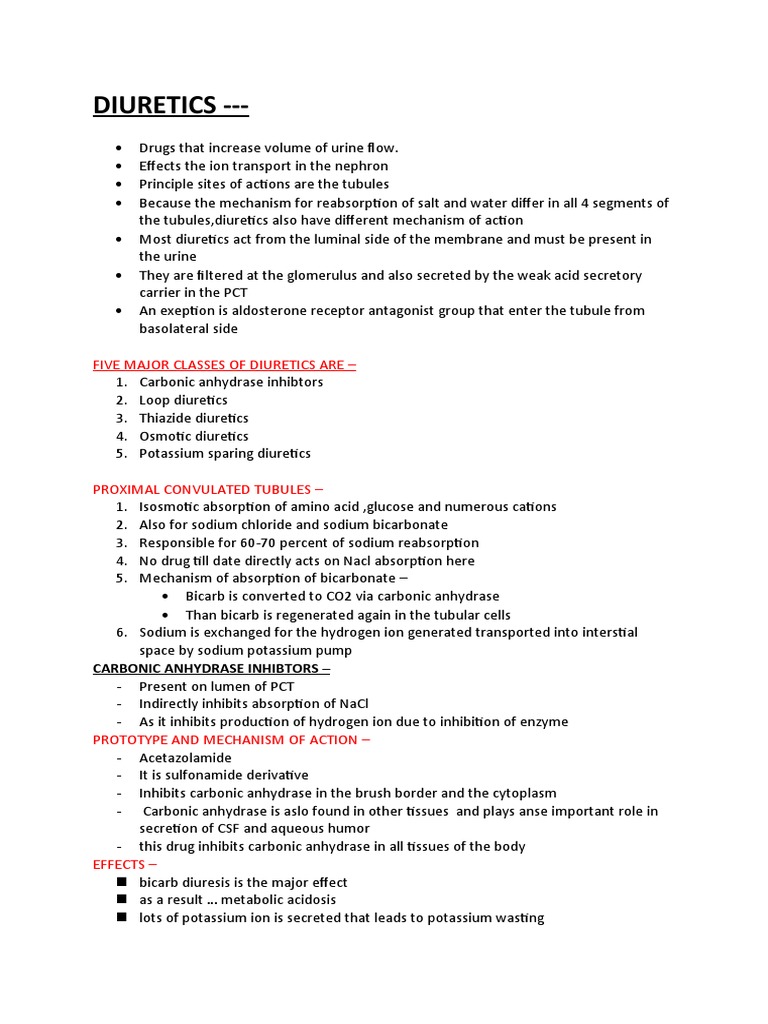 Diuretics - : Five Major Classes of Diuretics Are | PDF | Pharmacology ...