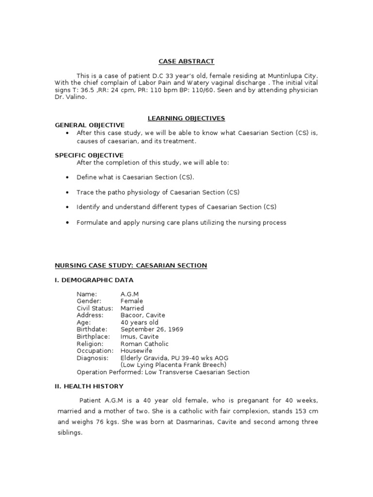 C-Section Case Study: Nursing Care for Caesarian Delivery | PDF | Ovary | Uterus