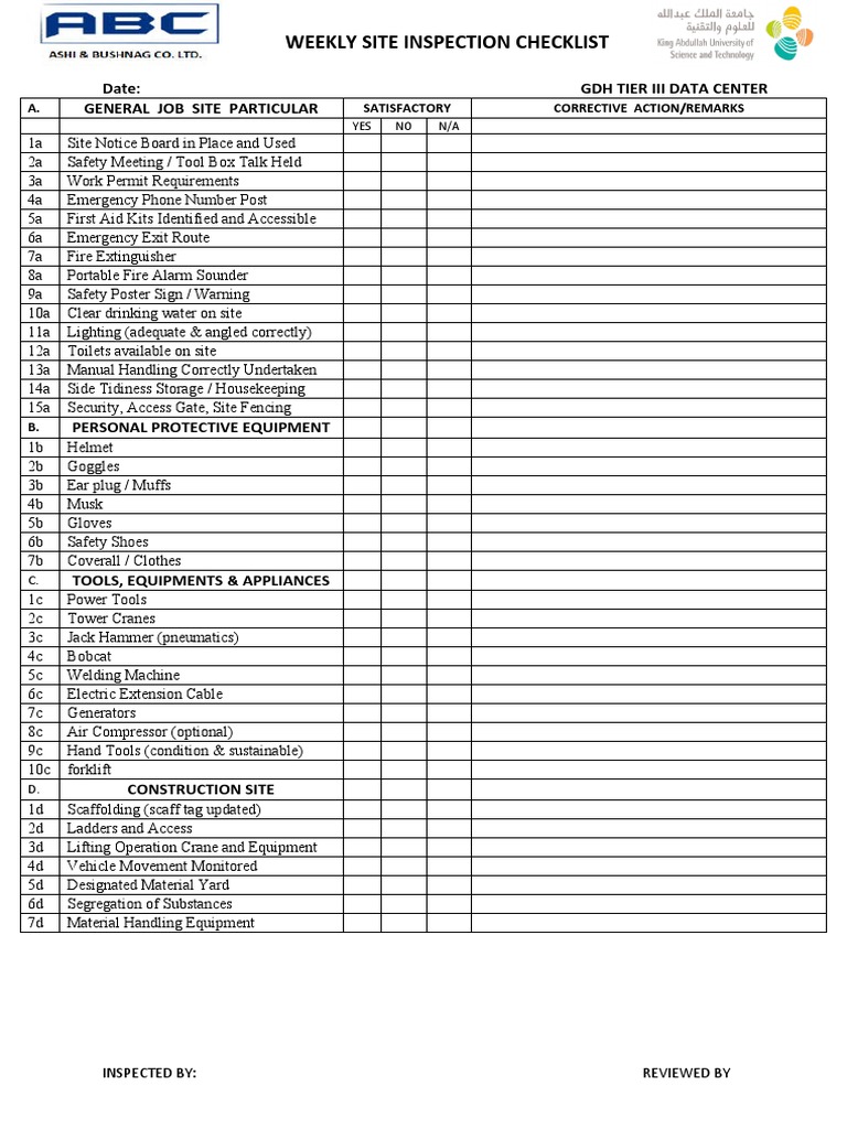 Weekly Site Inspection Checklist: Date: GDH Tier Iii Data Center ...