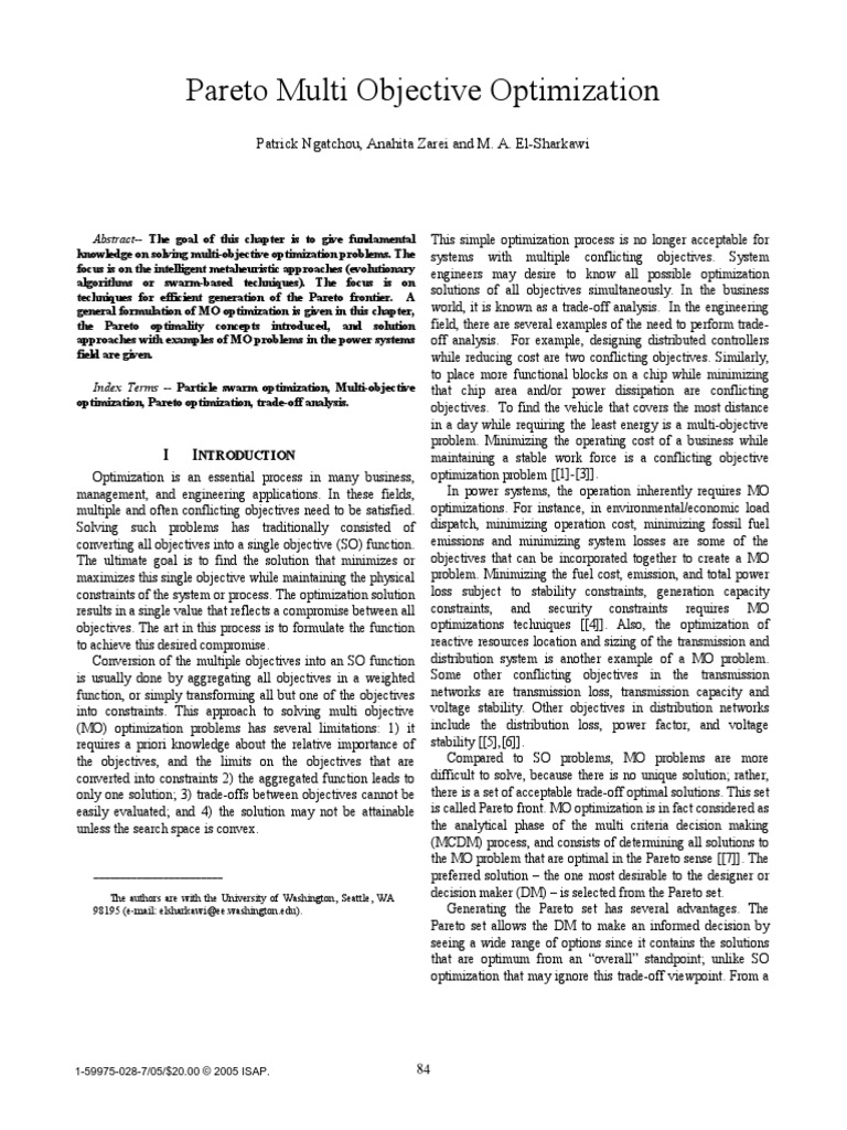Pareto Multi Objective Optimization: Patrick Ngatchou, Anahita Zarei and M. A. El-Sharkawi | PDF ...