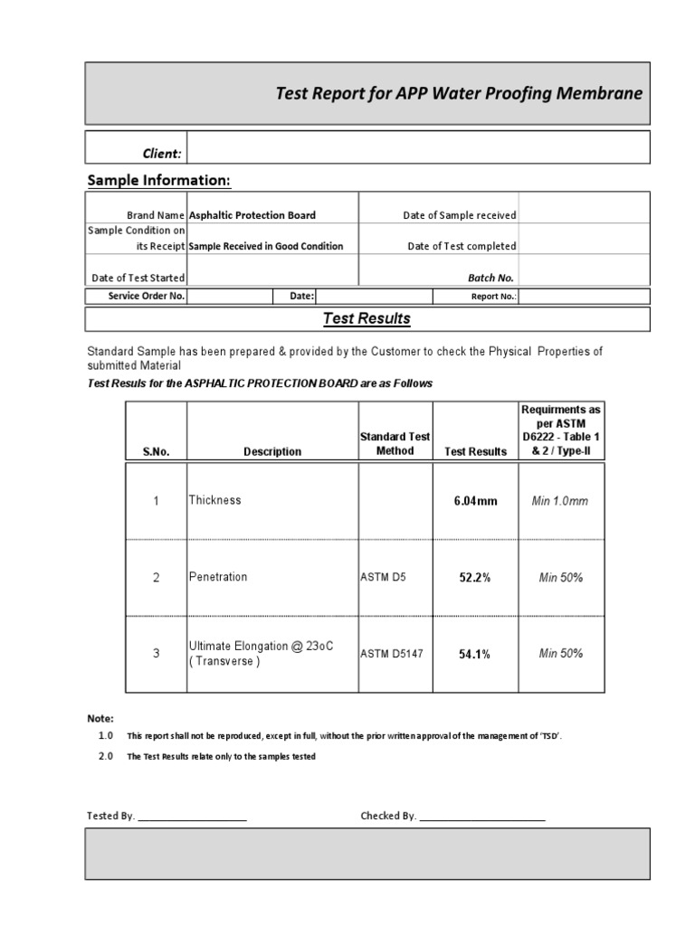 APP Waterproofing Membrane Test Report | PDF