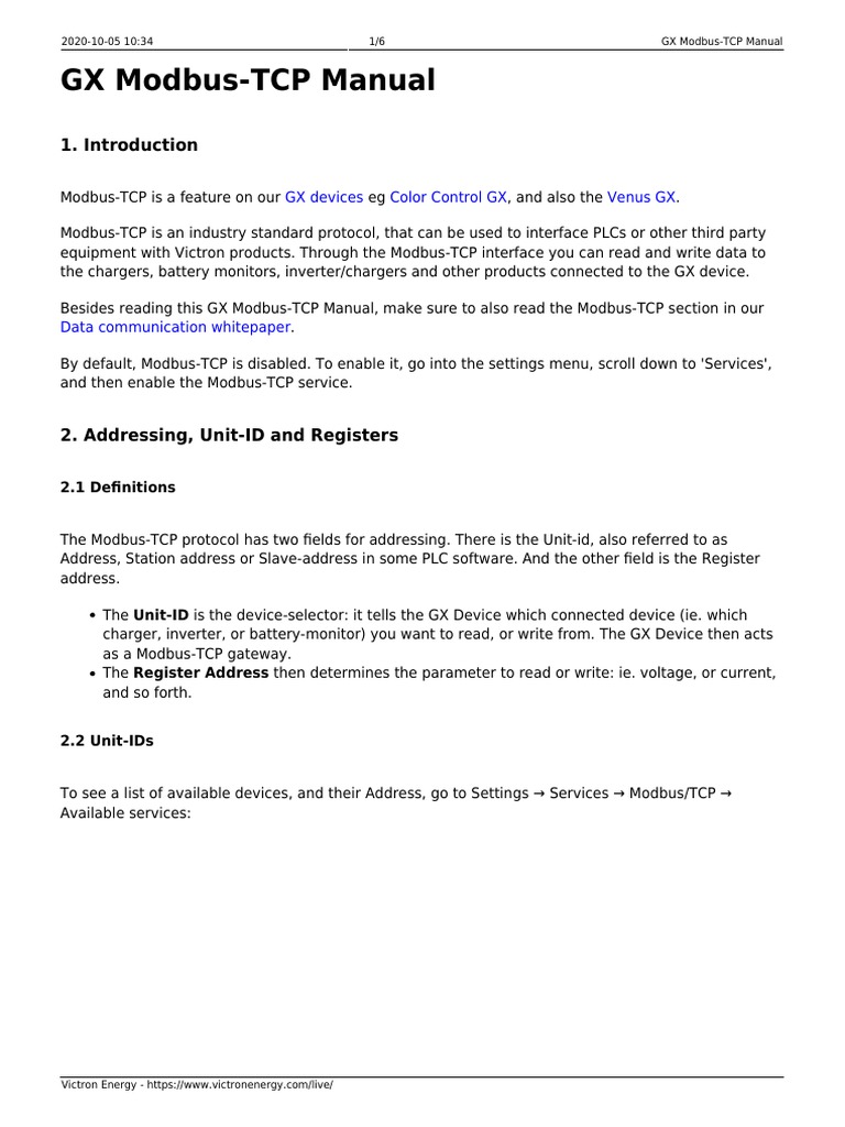 GX Modbus-TCP Manual: GX Devices Color Control GX Venus GX | PDF | Programmable Logic Controller ...