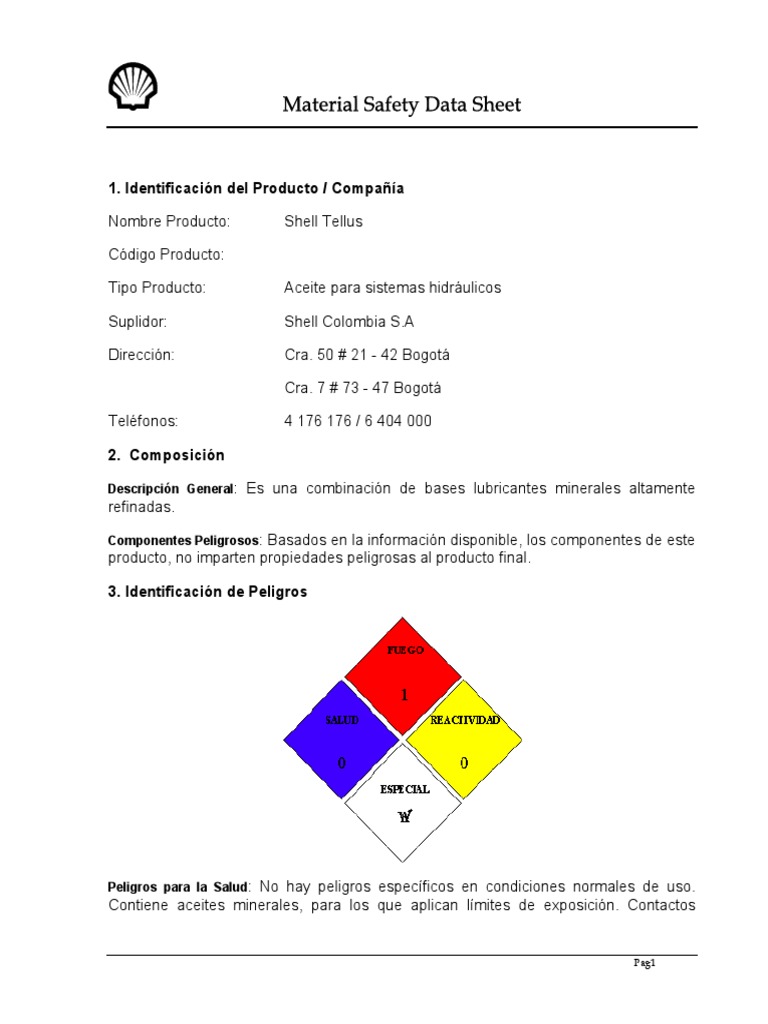 Material Safety Data Sheet for Shell Tellus Hydraulic Oil | PDF ...