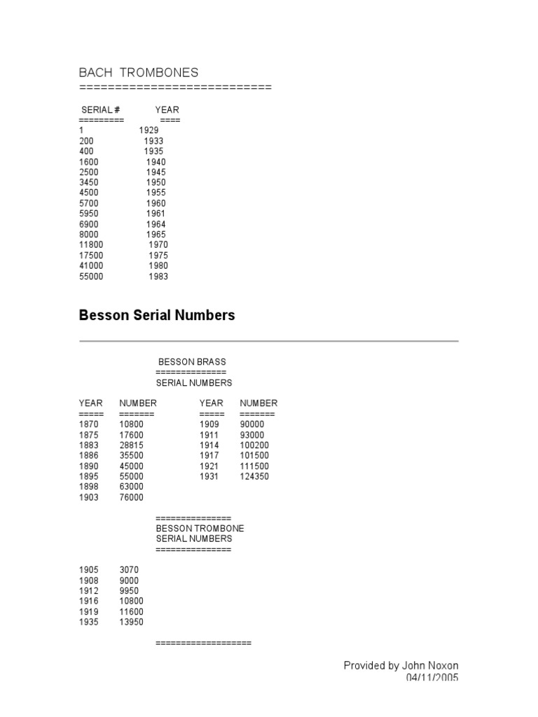 Bach Trombones : Besson Serial Numbers | PDF | Music Production ...