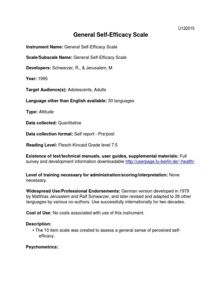 General Self-Efficacy Scale (Adolescents, Adults) Schwarzer PDF | PDF