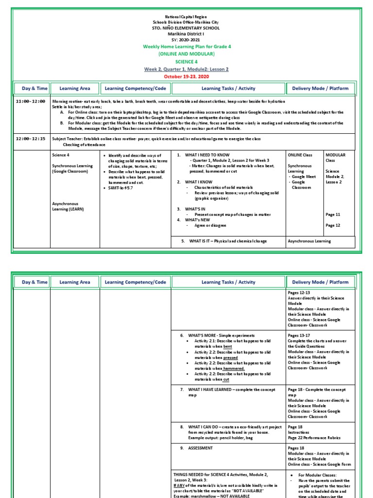 Weekly Home Learning Plan For Grade 4 (Online and Modular) Science 4 ...