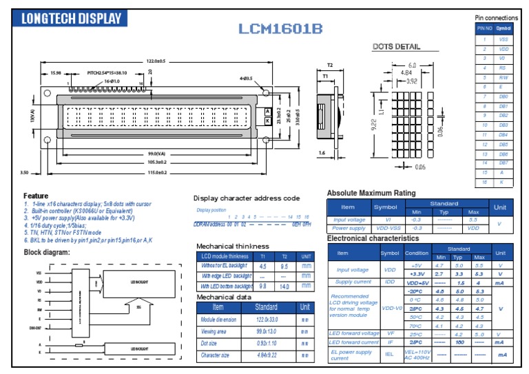 LCM1602 LCD Module Specifications | PDF | Backlight | Digital Electronics