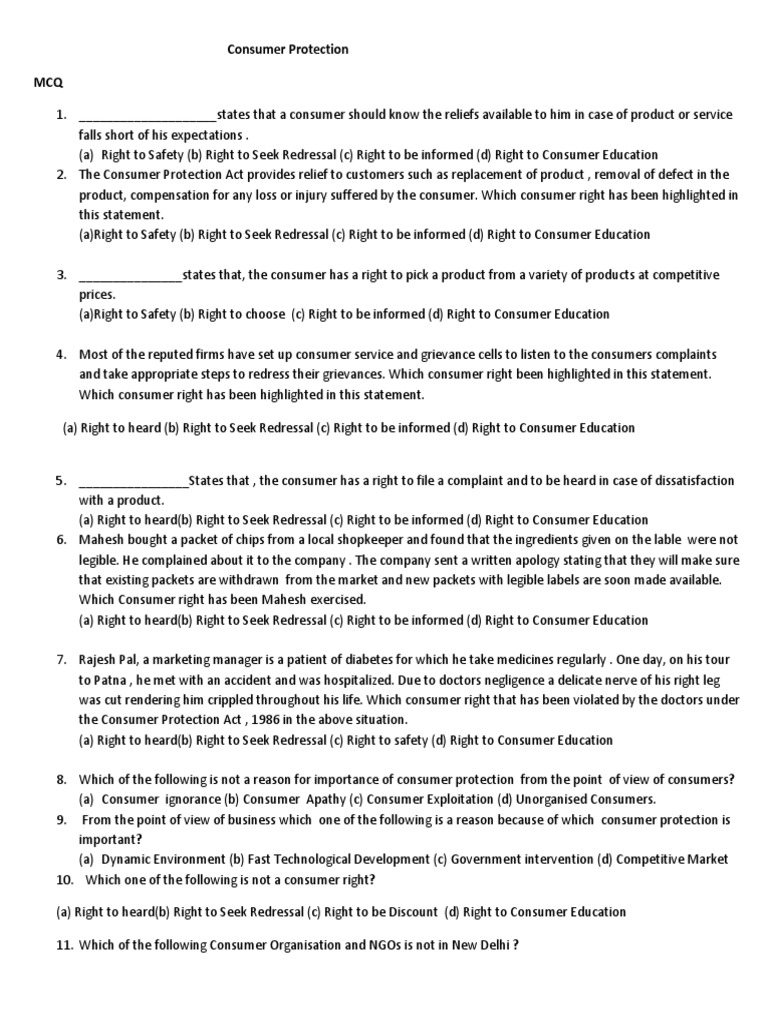 MCQs on Consumer Protection Act | PDF | Consumer Protection | Interest
