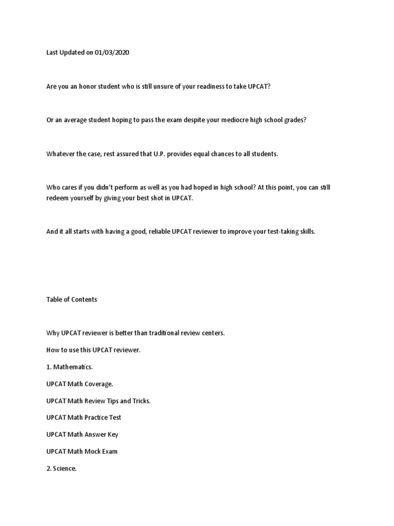 Upcat Reviewer Guide | PDF | Reading Comprehension | Area