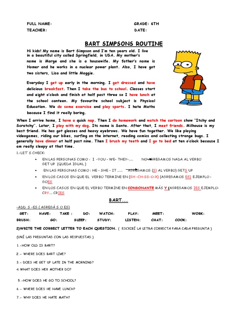 Bart Daily Routine 6TH | PDF | American Television Episodes ...