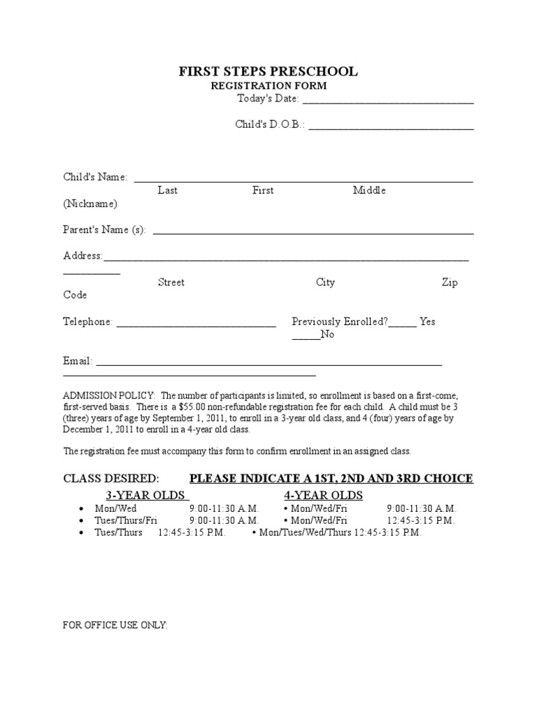 First Steps Preschool Registration Form | PDF