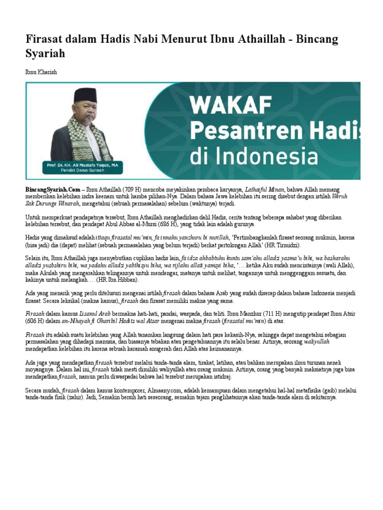 Firasat Dalam Hadis Nabi Menurut Ibnu Athaillah - Bincang Syariah | PDF