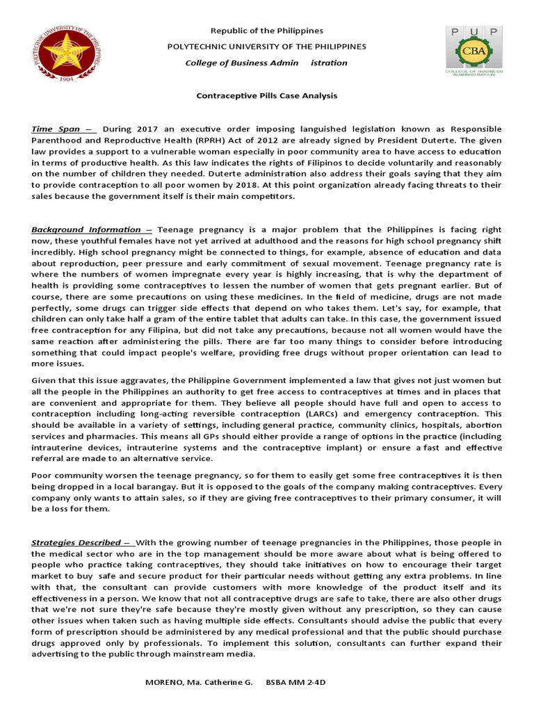 Contraceptive Pills Case Analysis: MORENO, Ma. Catherine G. BSBA MM 2 ...