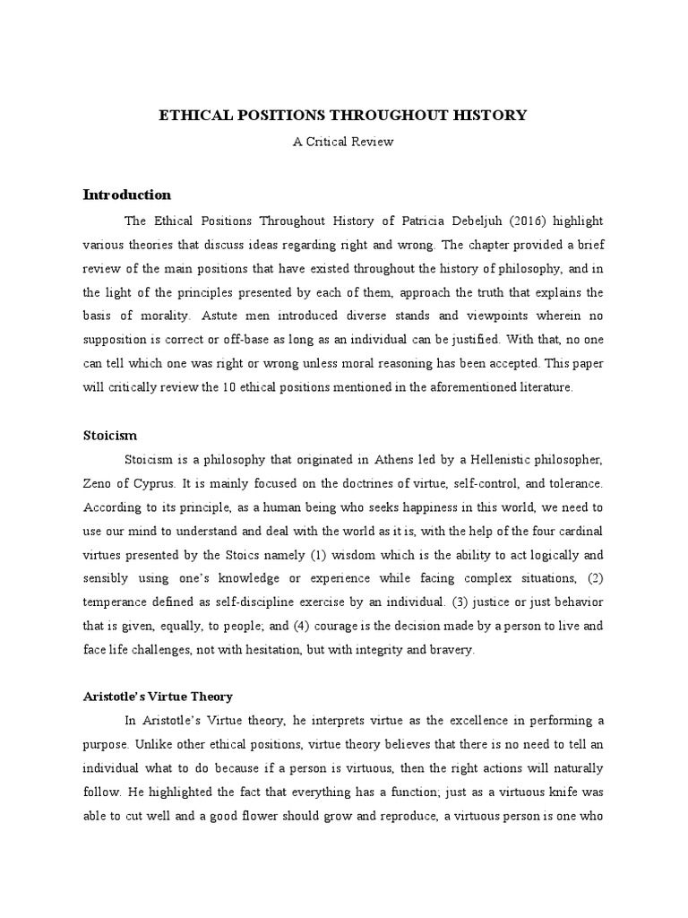Ethical Position Throughout History | PDF | Stoicism | Virtue