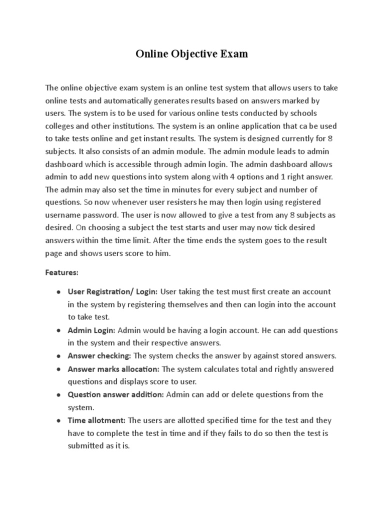 Online Objective Exam: Features | PDF | User (Computing) | Login