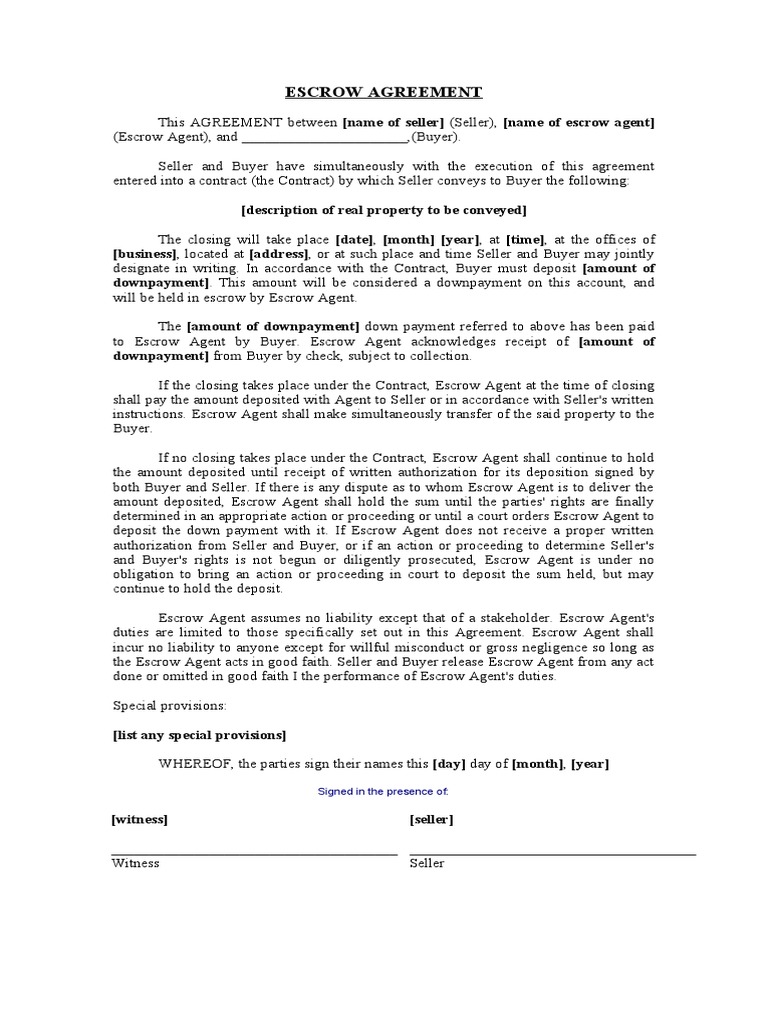 Escrow Agreement (Template) | PDF | Civil Law (Legal System) | Justice