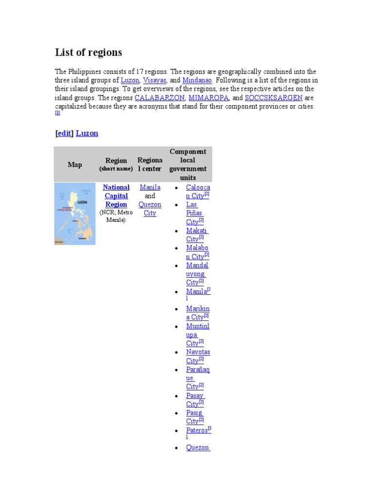 List of Regions: Edit Luzon | PDF | Metro Manila | Mindanao