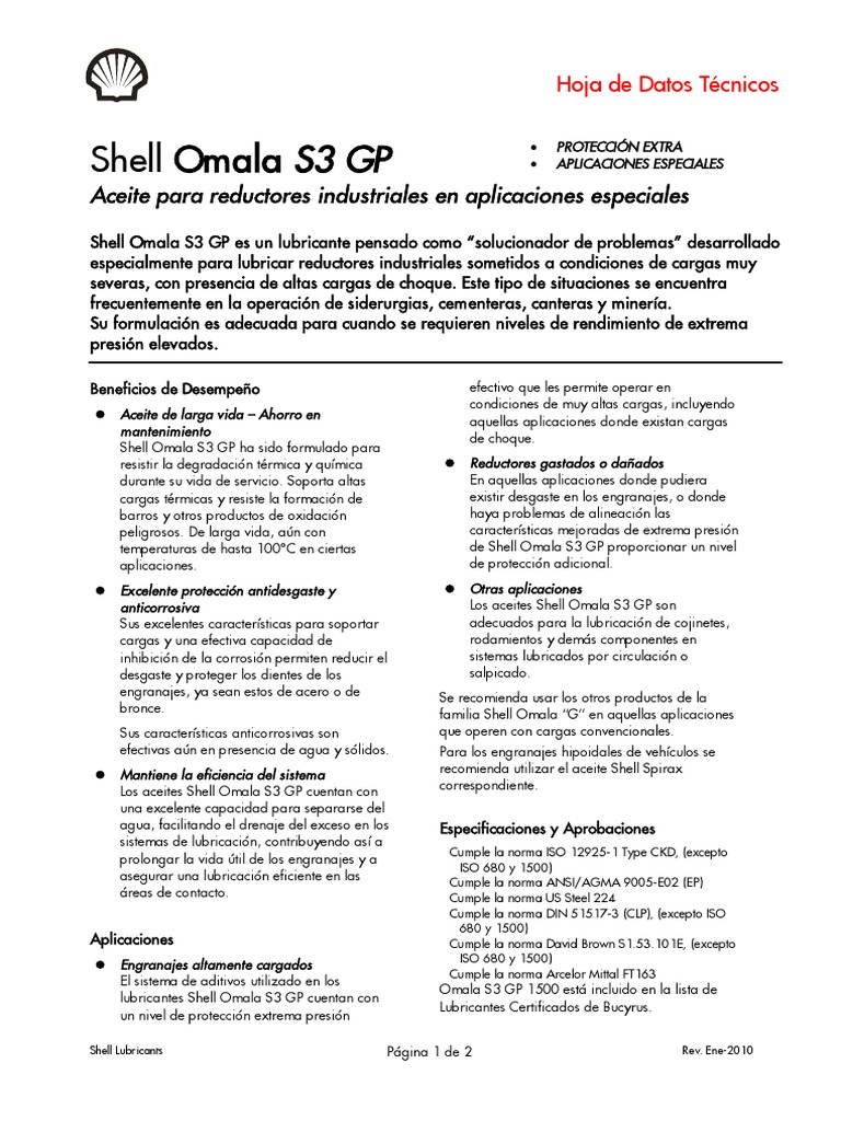 Aceite Shell Omala S3 GP para Reductores | PDF | Engranaje | Materiales