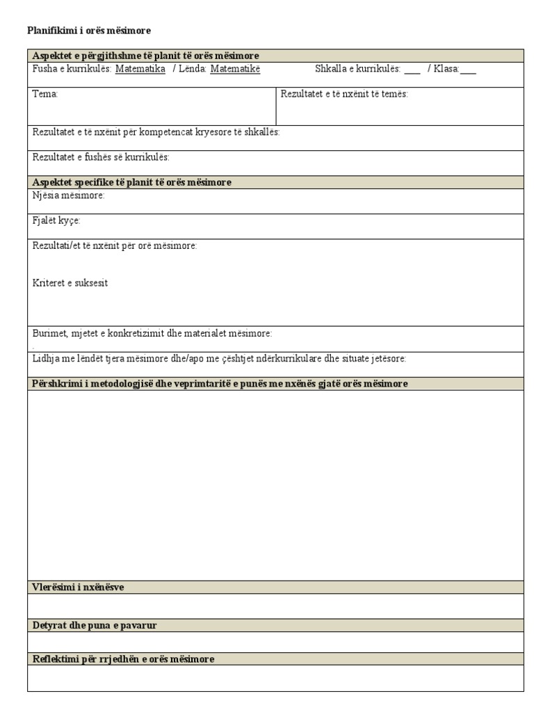 Planifikimi I Orës Mësimore Model | PDF