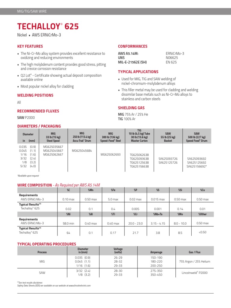 Techalloy 625: Conformances Key Features | PDF | Welding | Construction