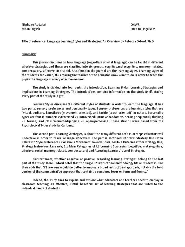 Title of Reference: Language Learning Styles and Strategies: An ...