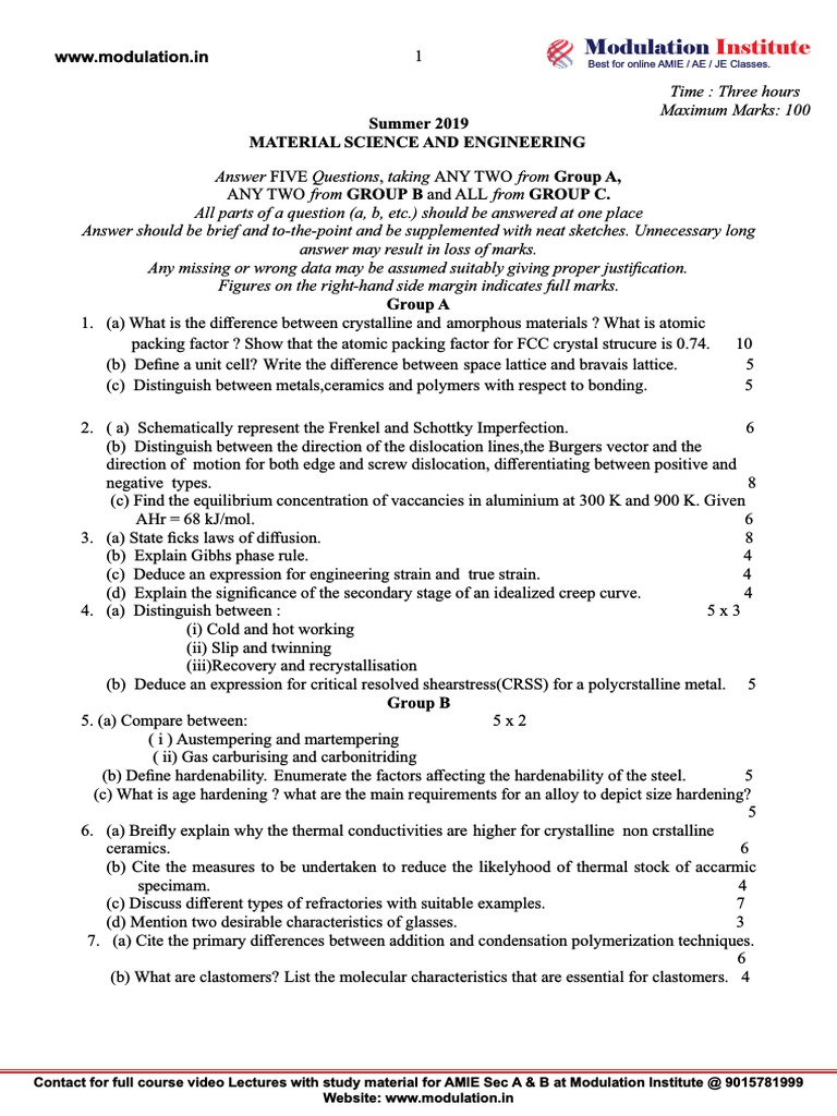 Material Science Question Paper Summer2019 | PDF | Crystal Structure ...