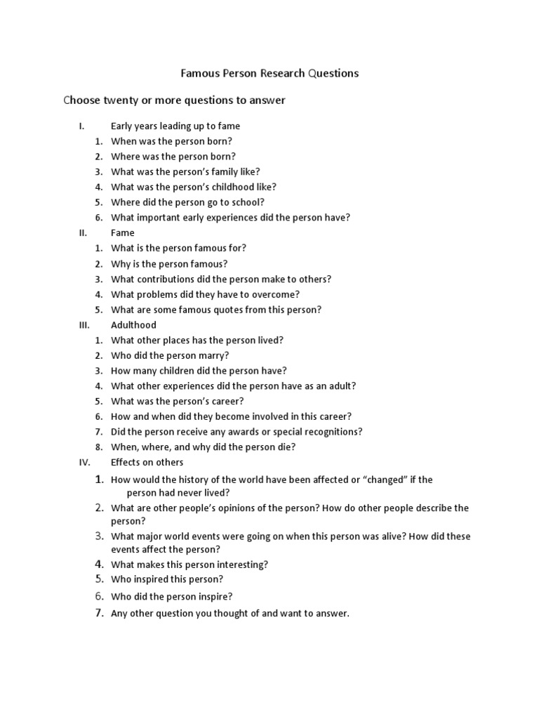 Famous Person Research Questions | PDF