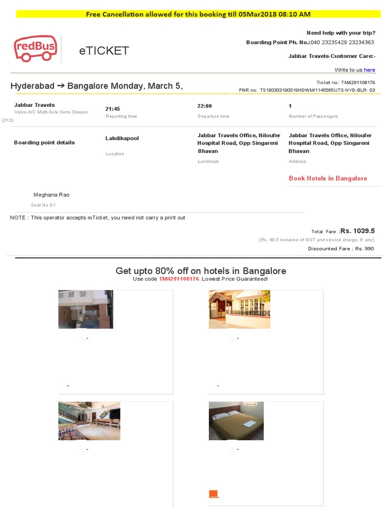 Red Bus Ticket TM4291108176 | PDF | Ticket (Admission) | Baggage