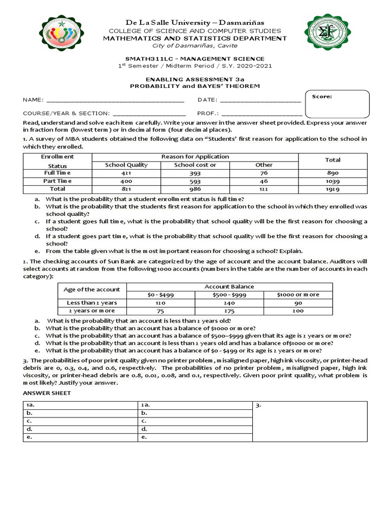 SMATH311LC Enabling Assessment 3a | PDF | Probability | Science