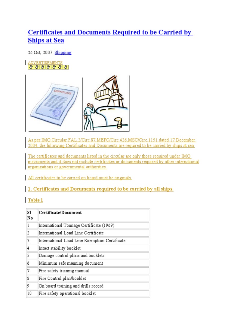 Certificates and Documents Required to be Carried by Ships at Sea ...