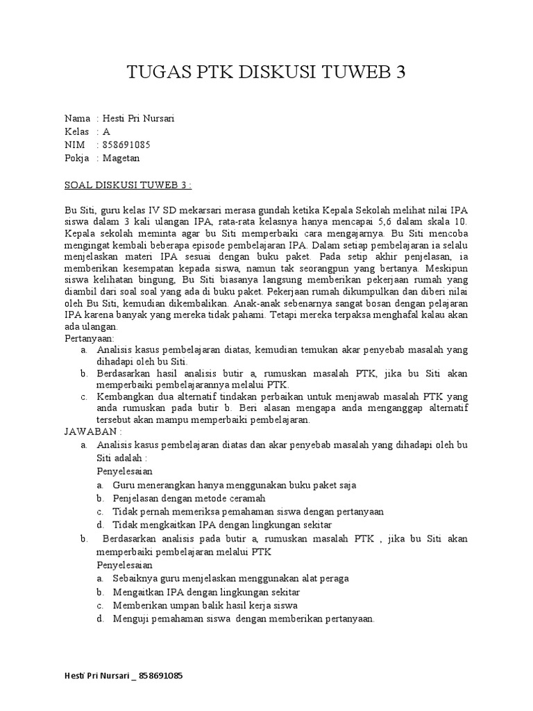 Diskusi PTK Tuweb 3 - Hesti Pri Nursari - 858691085 | PDF | Seni & Disiplin Bahasa