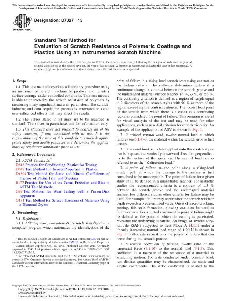 Evaluation of Scratch Resistance of Polymeric Coatings and Plastics ...
