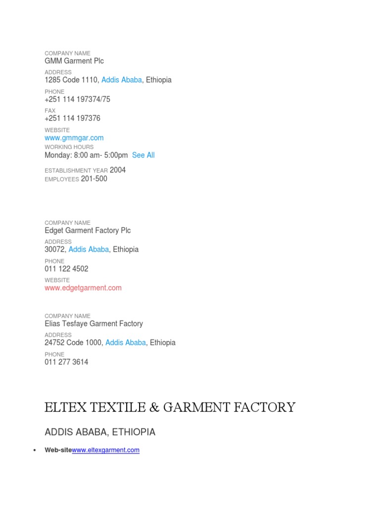 Eltex Textile & Garment Factory: Addis Ababa | PDF