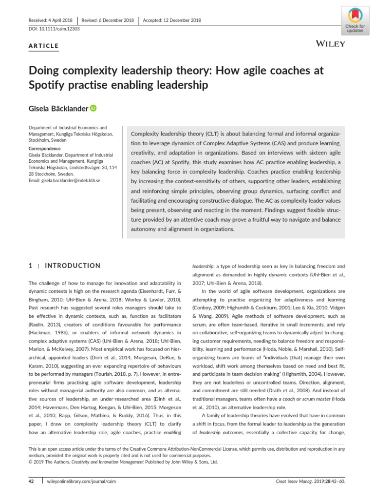 Doing Complexity Leadership Theory How Agile Coaches at Spotify ...