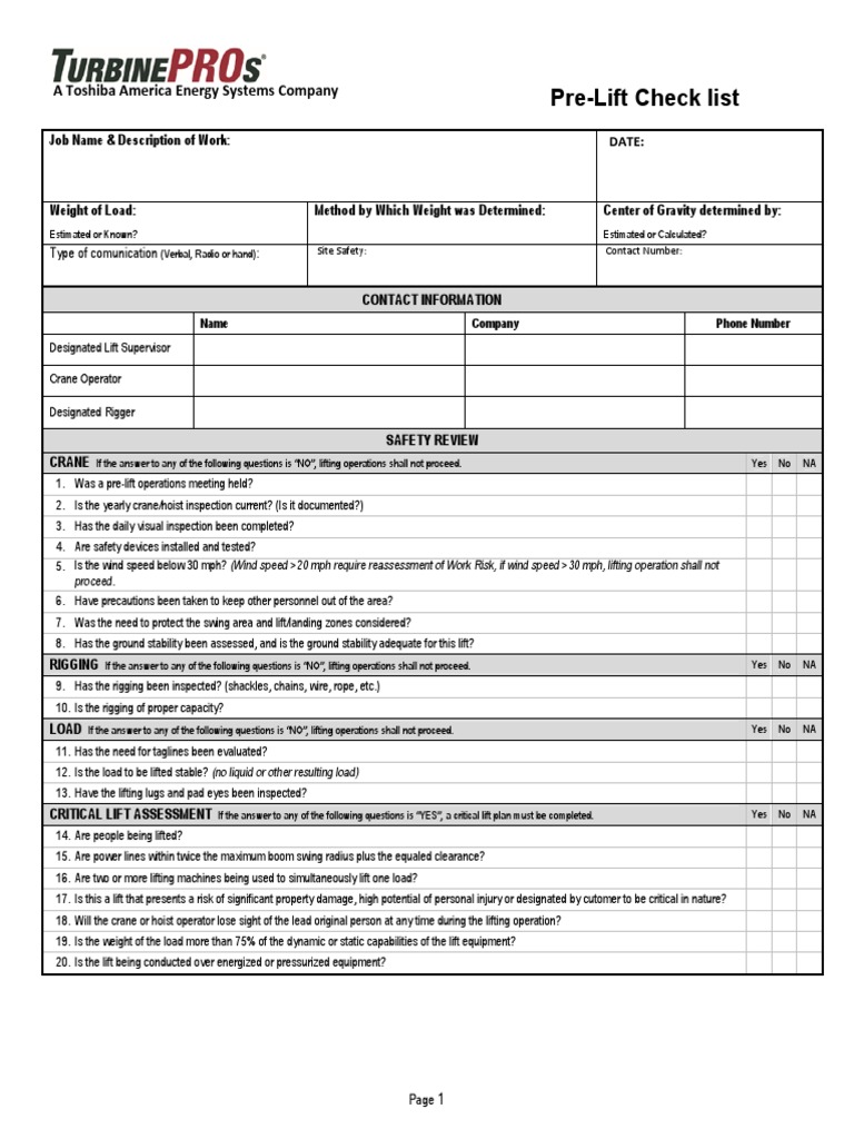 Pre-Lift Check List: A Toshiba America Energy Systems Company | PDF ...