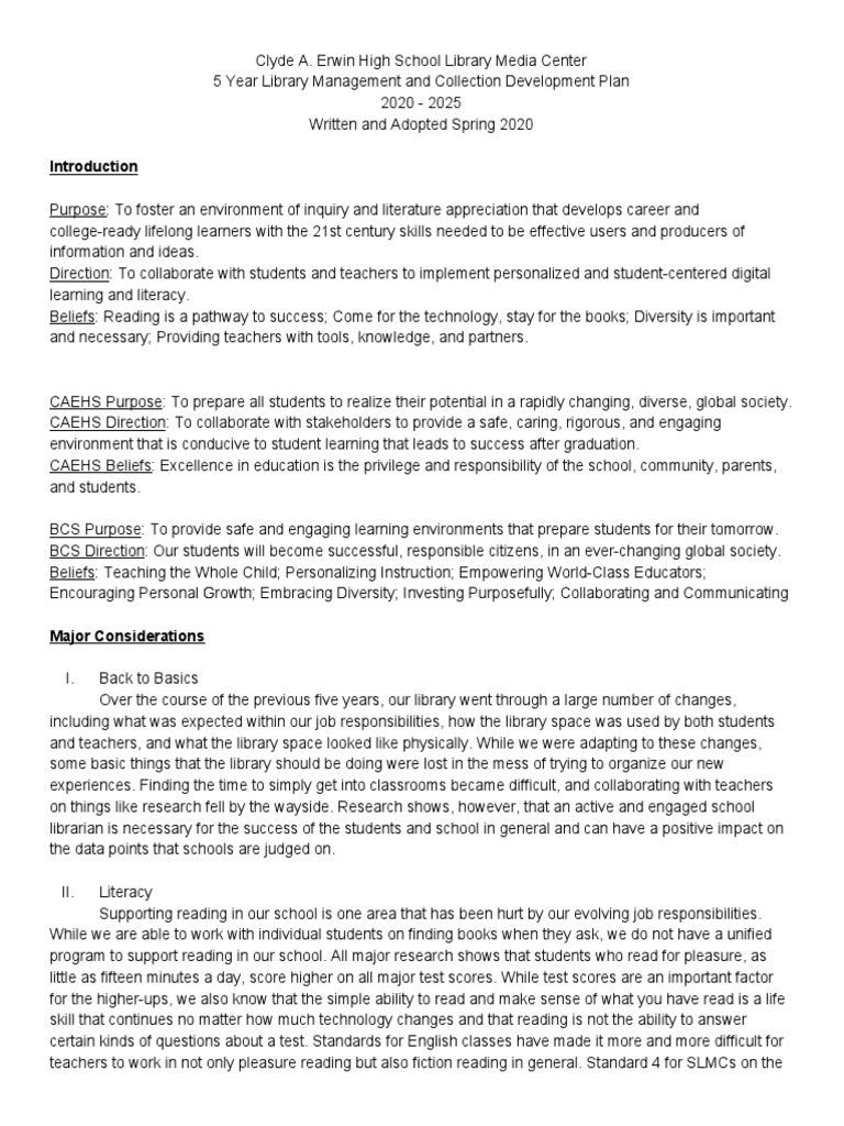 5 Year Library Management and Collection Development Plan - 2020-2025 ...
