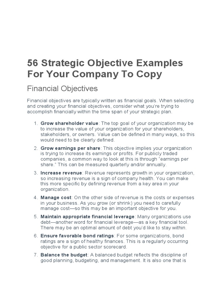 56 Strategic Objective Examples For Your Company To Copy: Financial ...