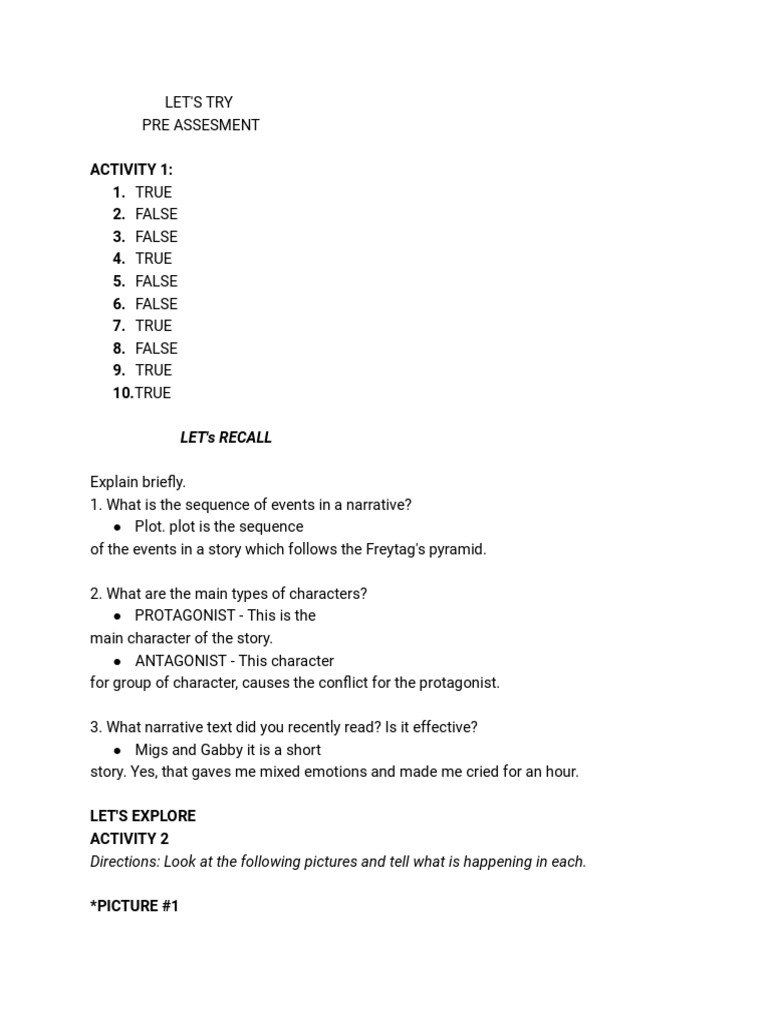 Activity 1: 1. True 2. False 3. False 4. True 5. False 6. False 7. True ...
