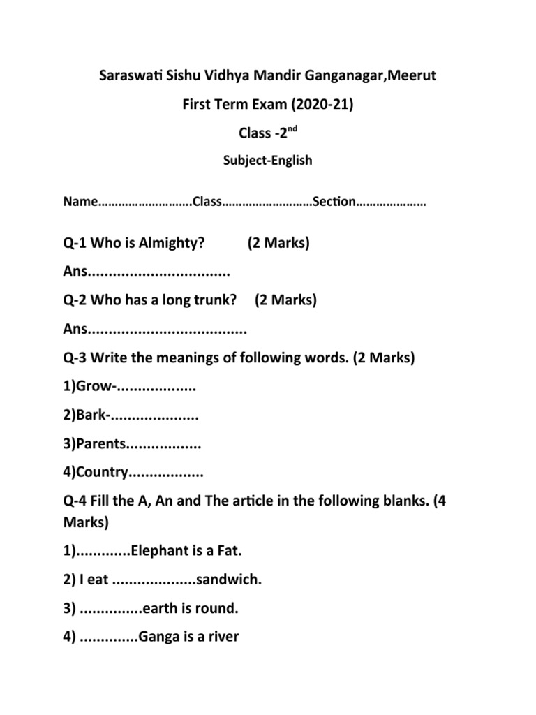 English Exam Paper Class 2 2020-21 | PDF | Games & Activities ...