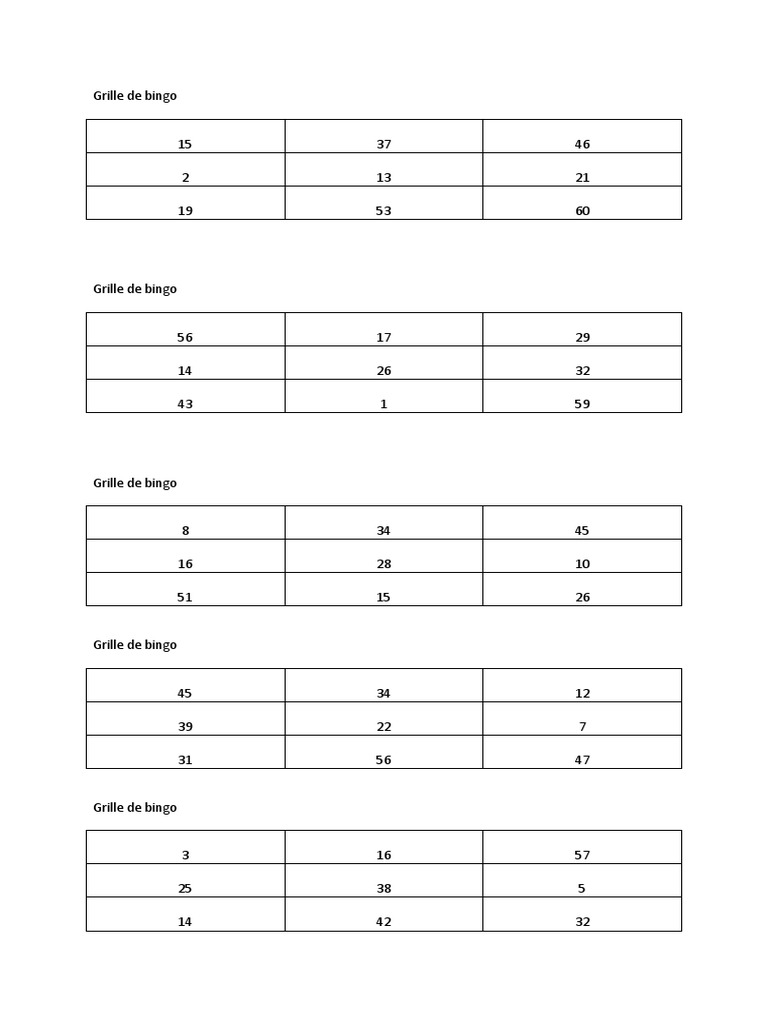 Grilles de Bingo: 5 Modèles Numériques | PDF