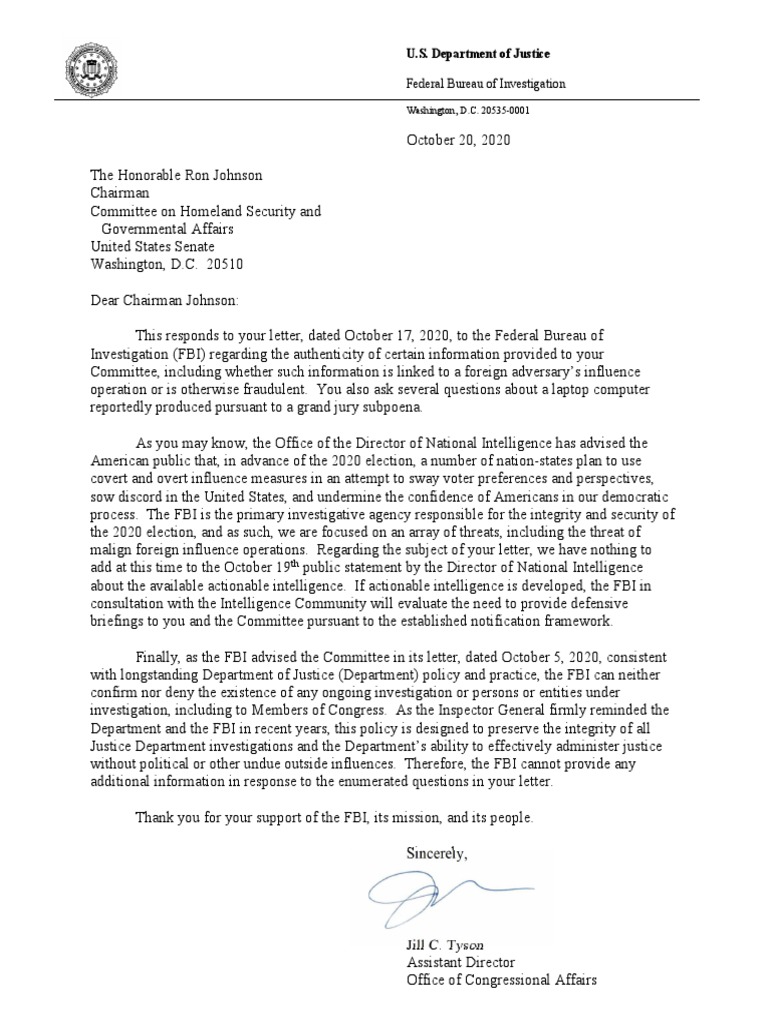 FBI Letter To Sen. Ron Johnson | PDF | Federal Bureau Of Investigation ...