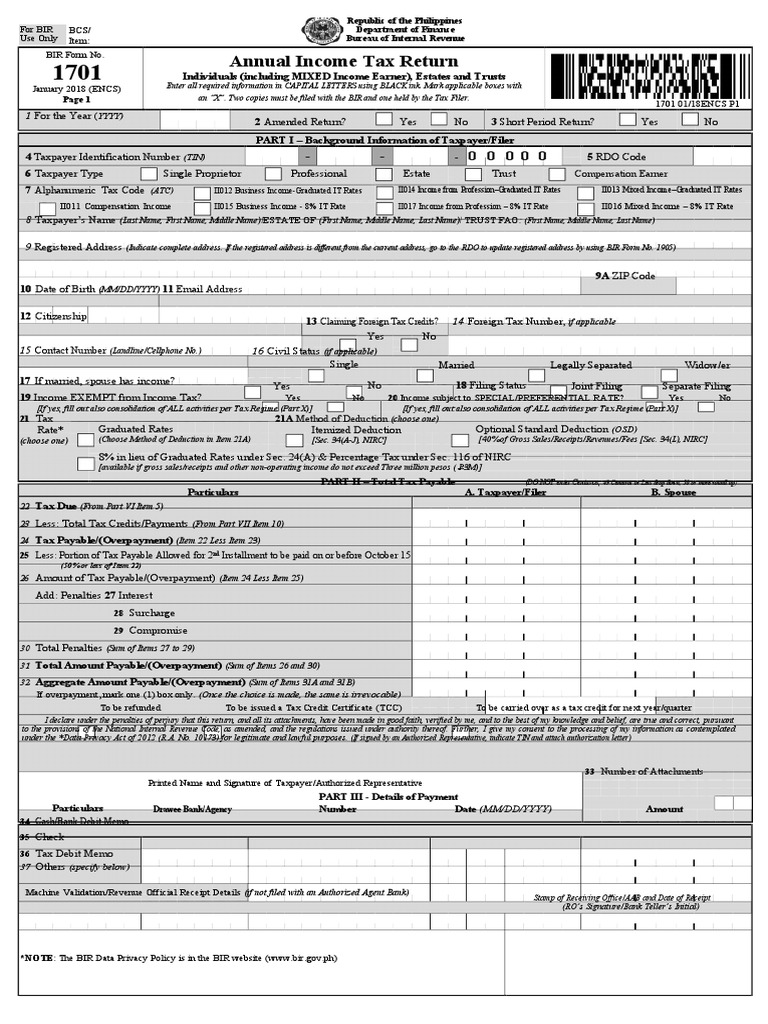 BIR Form 1701: 2018 Tax Return Guide | PDF | Tax Deduction | Income Tax