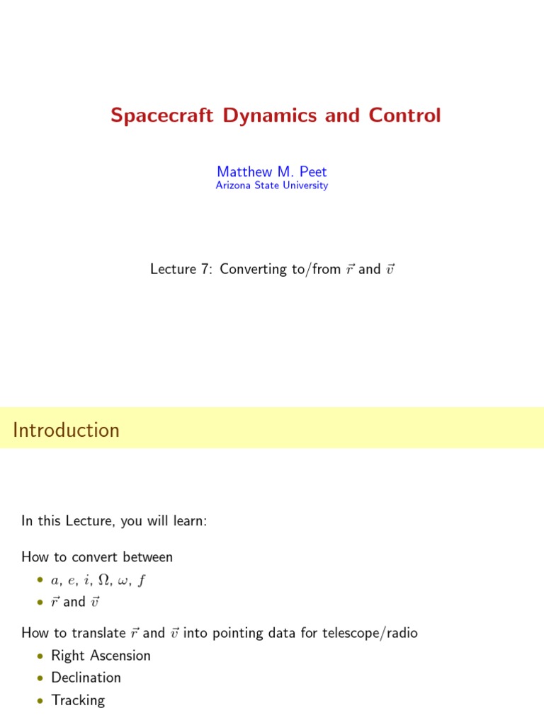 462lecture07 Spacecraft Dynamics | PDF | Cartesian Coordinate System ...