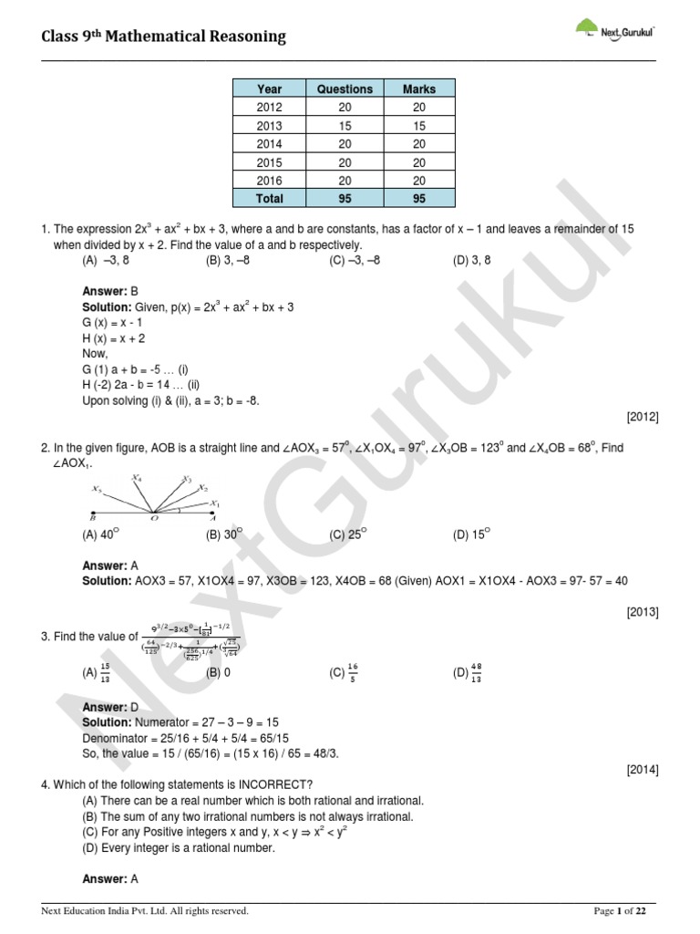 Class 9 Mathematical Reasoning: Year Questions Marks | PDF | Line ...