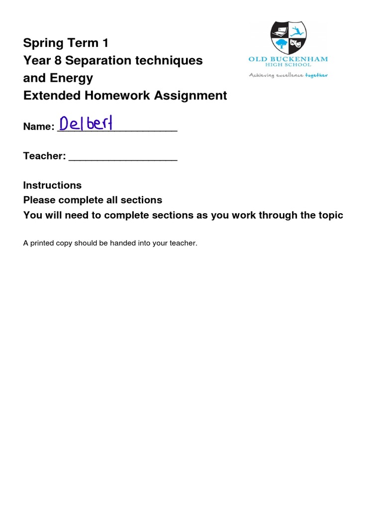 Spring Term 1 Year 8 Separation Techniques and Energy Extended Homework ...