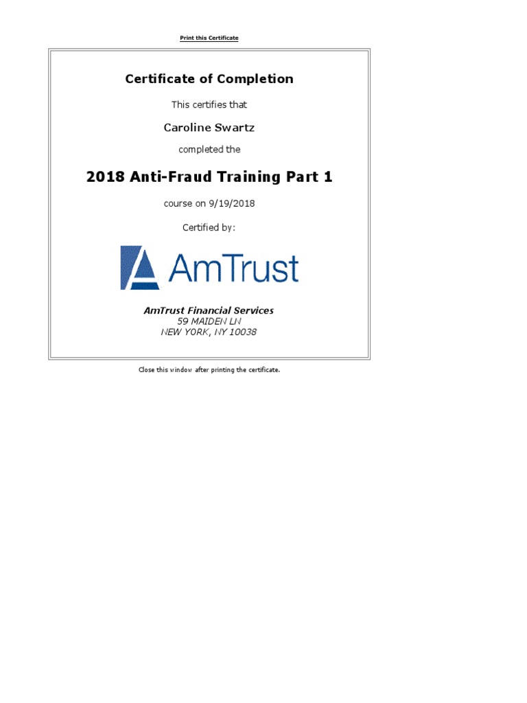 2018 Anti-Fraud Training Certificate | PDF