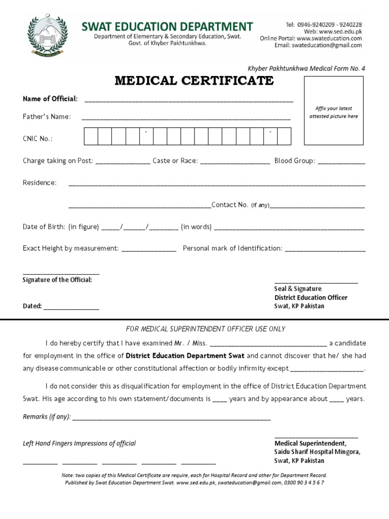 Medical Certificate: Khyber Pakhtunkhwa Medical Form No. 4 | PDF | Medicine