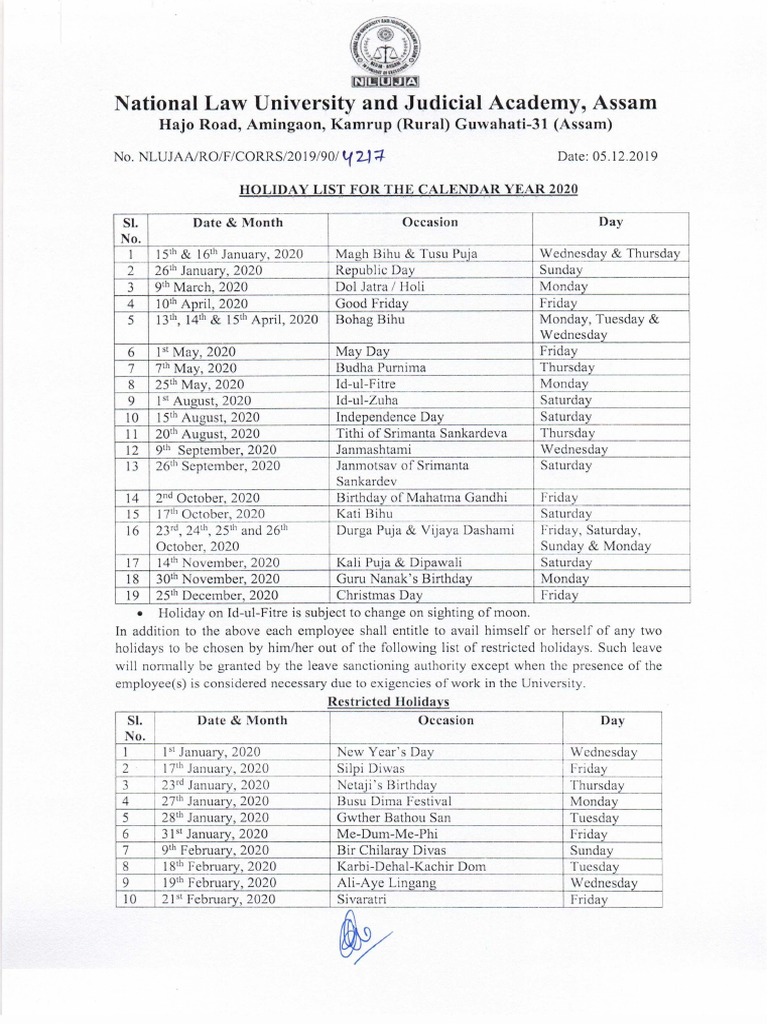 Holiday List of NLUJA, Assam PDF | PDF