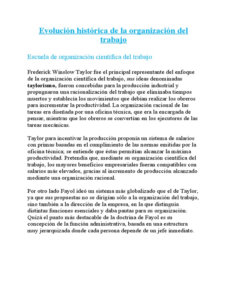 Evolución Histórica de La Organización Del Trabajo | PDF | Gestión de ...