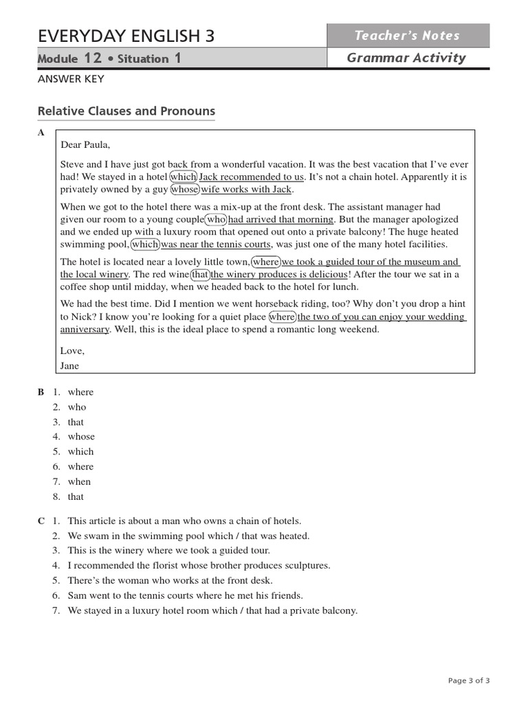 Relative Clauses and Pronouns Grammar Activity Answer Key | PDF | Hotel ...